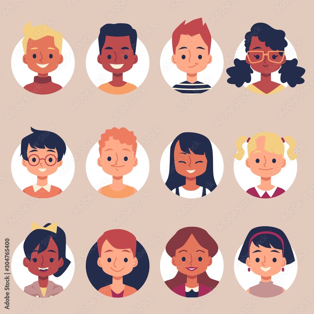 Flat cartoon children portrait icon set inside round frames Stock ...