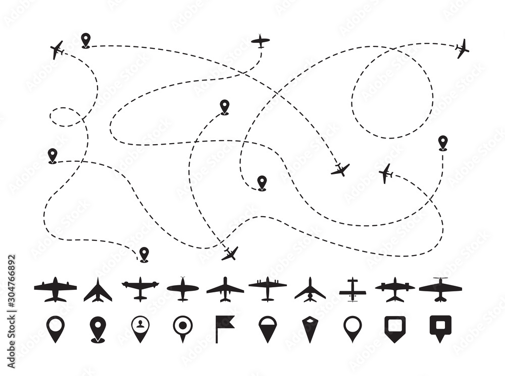 Airplane path line and icon set - black silhouette collection of ...