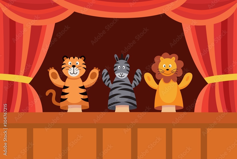 Hand puppet show poster with cute cartoon toy animals performing a play ...