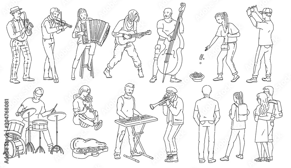 Street musician characters, doodle outline vector illustrations set ...