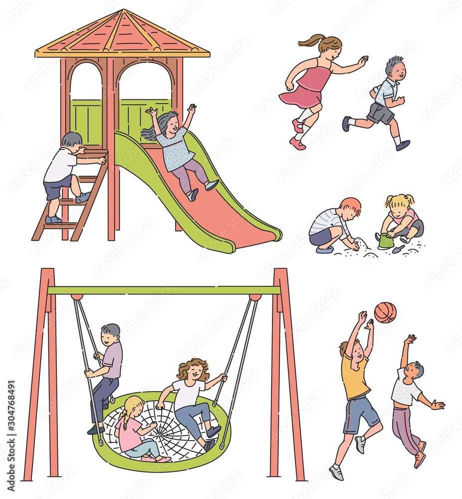 Cartoon children in playground - isolated set of boys and girls playing ...