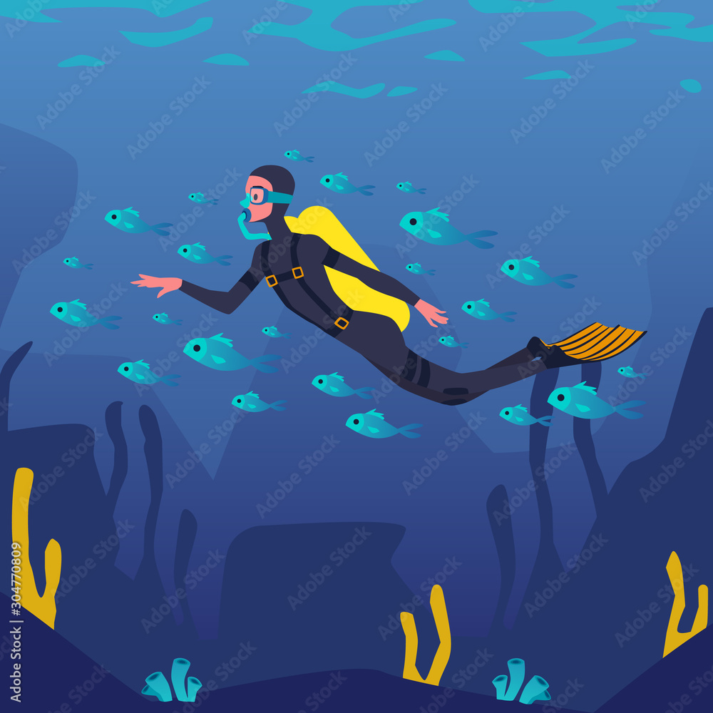 Cartoon diver swimming underwater surrounded by group of small fish ...