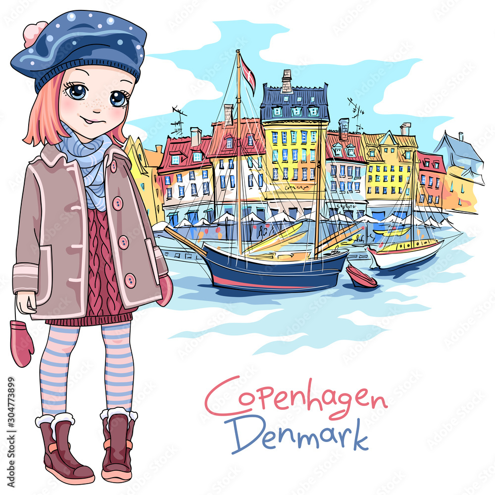 Vector Cute Baby girl in winter clothes in harbor Nyhavn, Old Town of ...