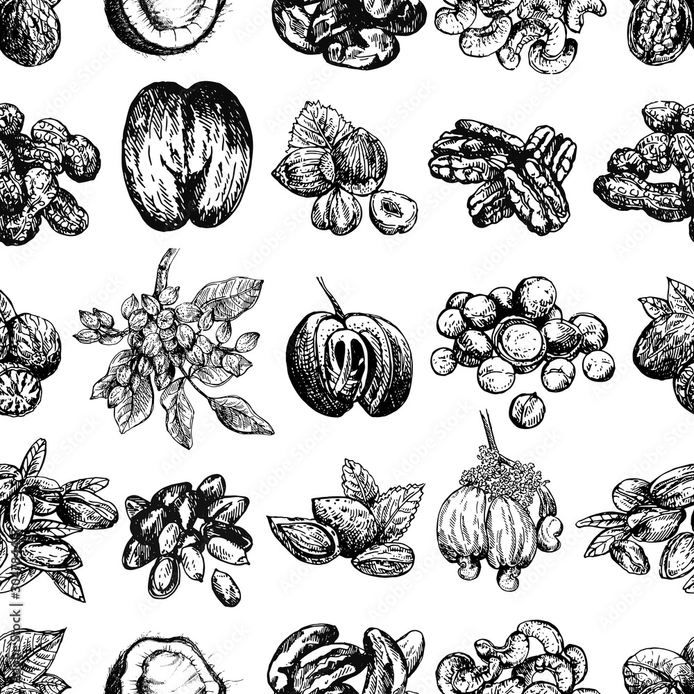 Seamless pattern of hand drawn sketch style different kinds of nuts ...