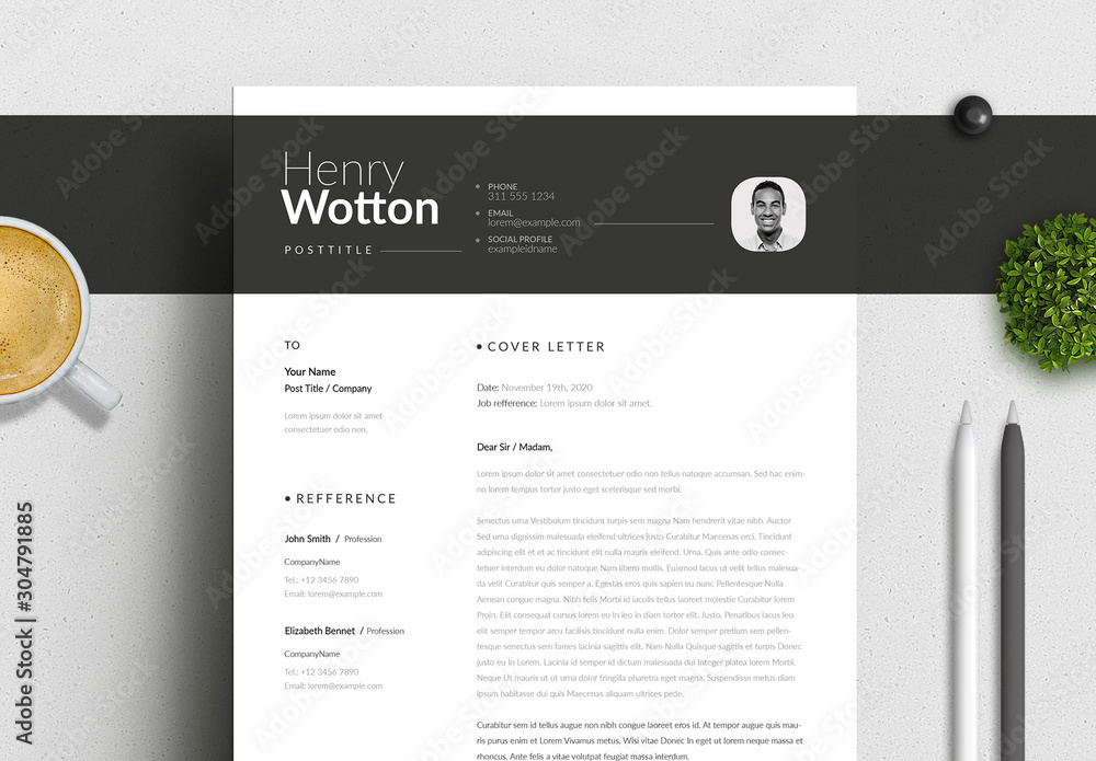 Resume and Cover Letter Layout Set with Dark Gray Header Element Stock ...
