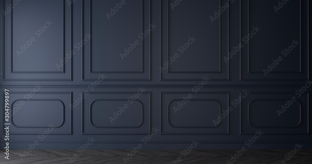 Dark blue wall with molding and wood parquet floor. 3d render Stock ...