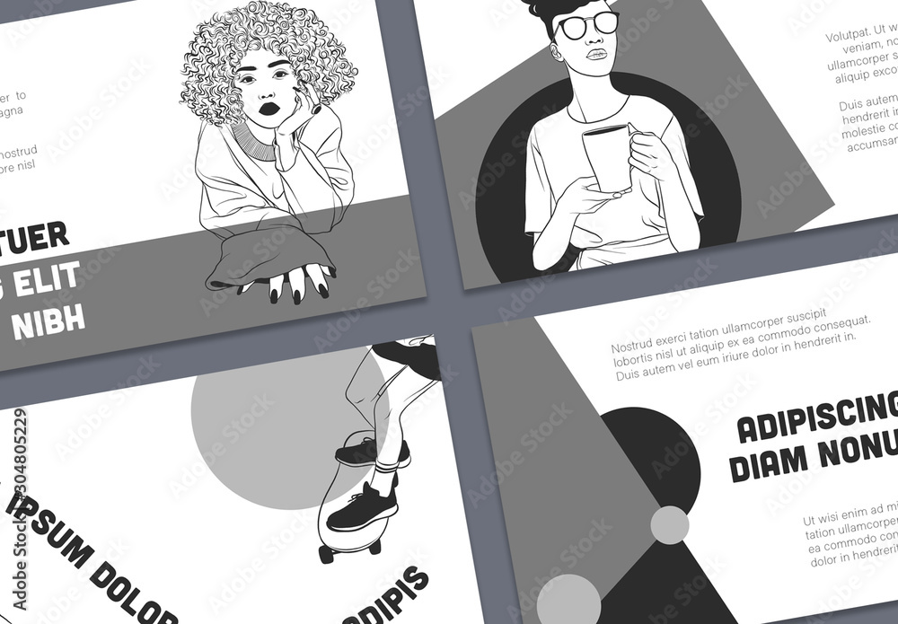 Black and White Presentation Layout with Illustrations Stock Template ...