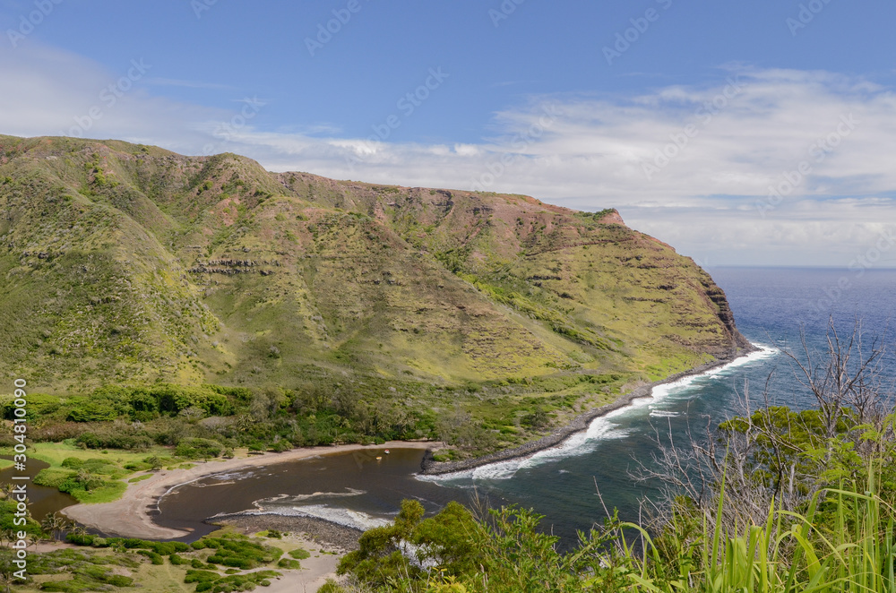 Overlooking Kawili and Kamaalaea beaches on Halawa Bay on Molokai's eastern shore, Hawaii, USA ...