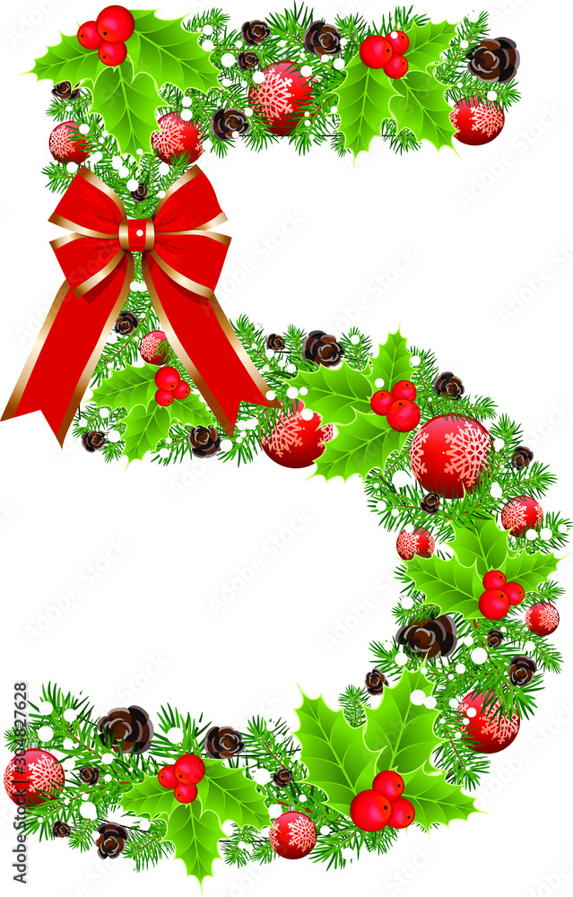 Number 5 with decoration for Christmas design and New Year with spruce ...