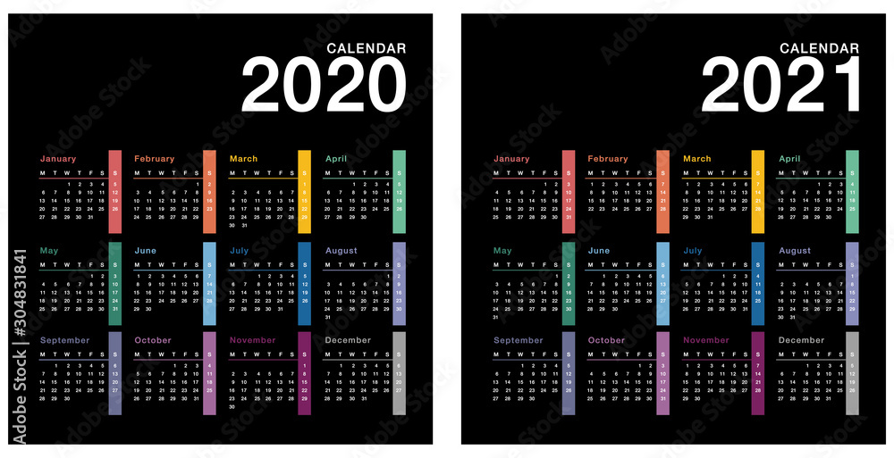 Year 2020 and Year 2021 calendar horizontal vector design template ...