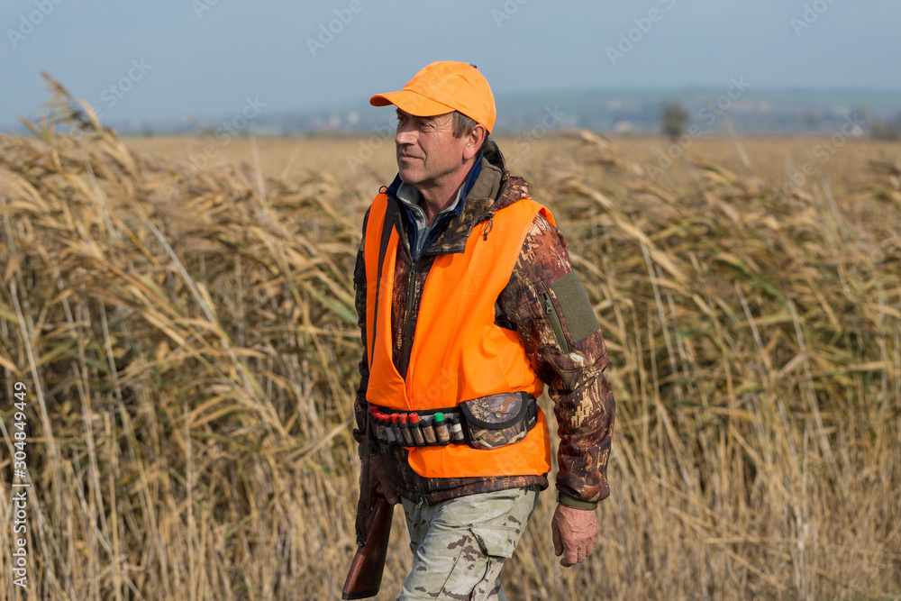 Hunting period, autumn season open. A hunter with a gun in his hands in ...