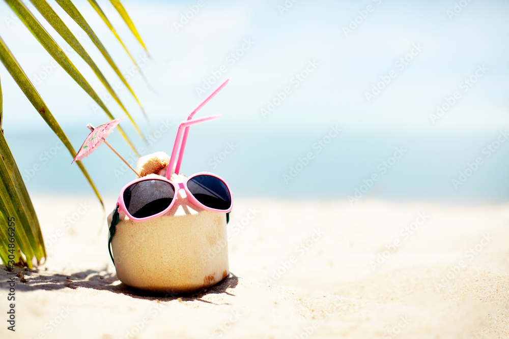 summer tropical beach background with fresh coconut in hot summer day ...