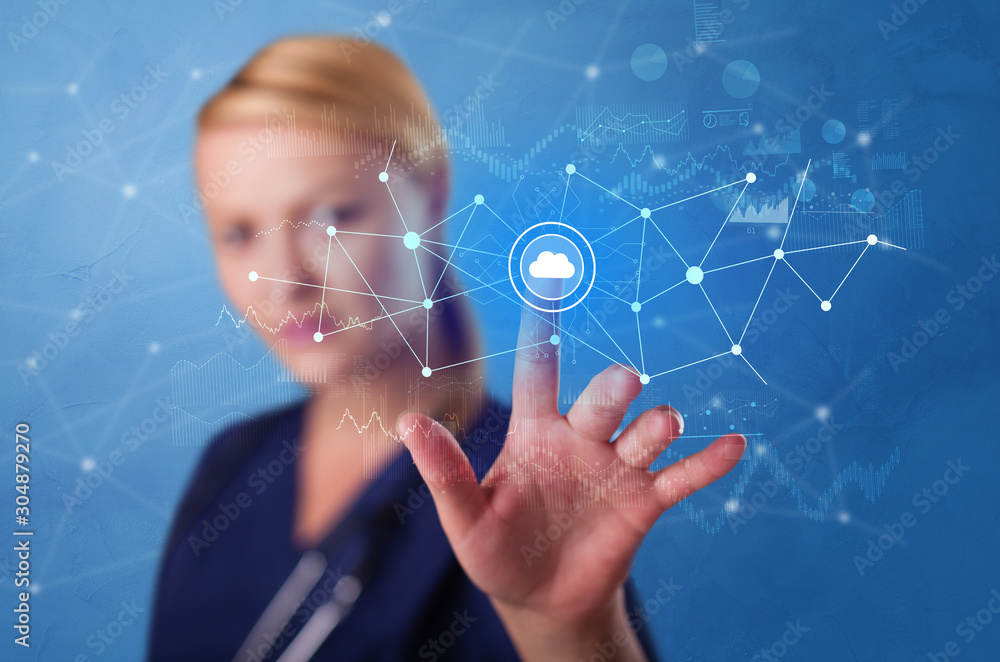 Doctor touching blue screen with virtual hospital concept Stock Photo ...