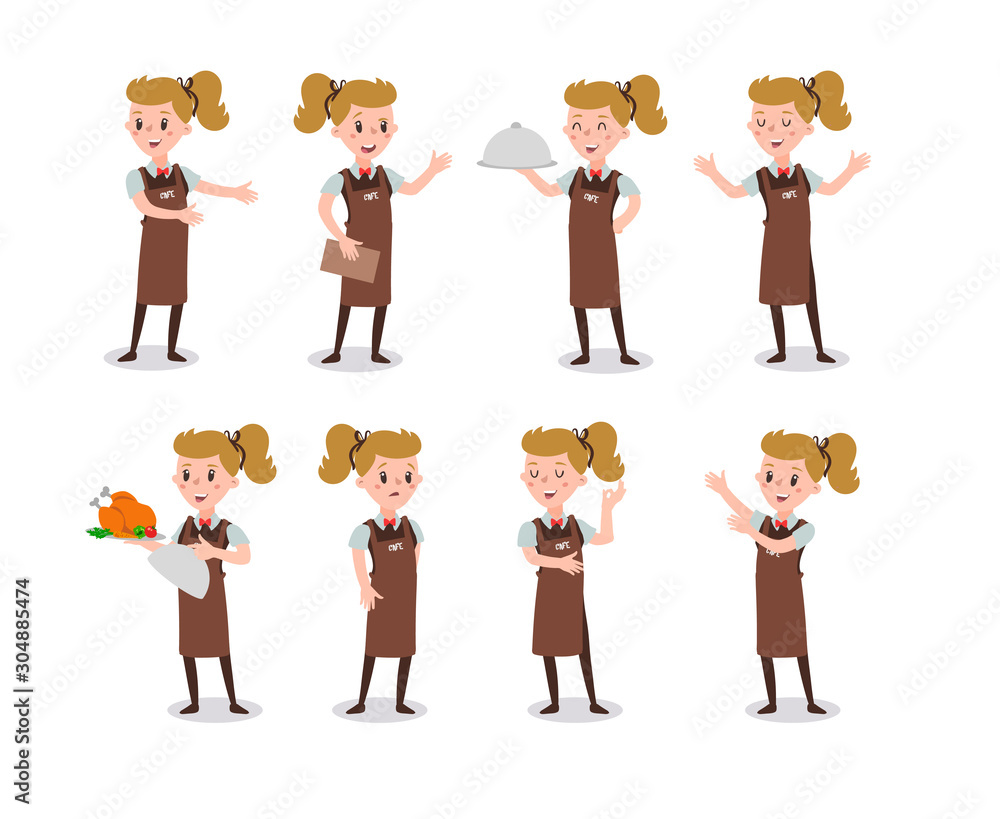 Set of woman waiter wearing the uniform holding a dish of chicken ...