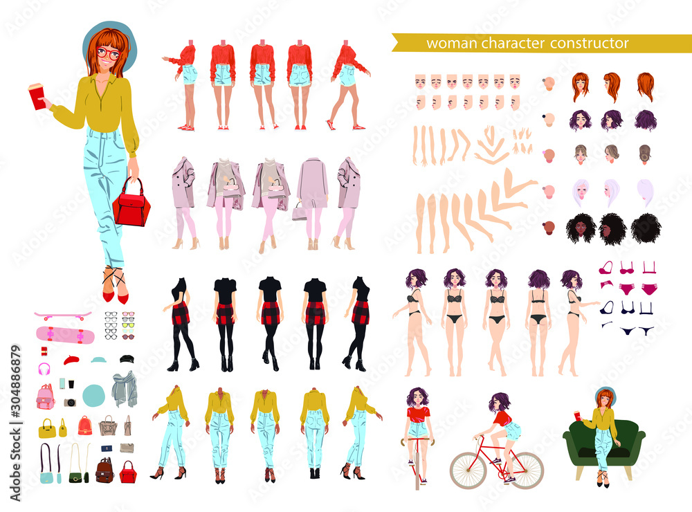 Animate woman character. Young lady personage constructor. Different ...