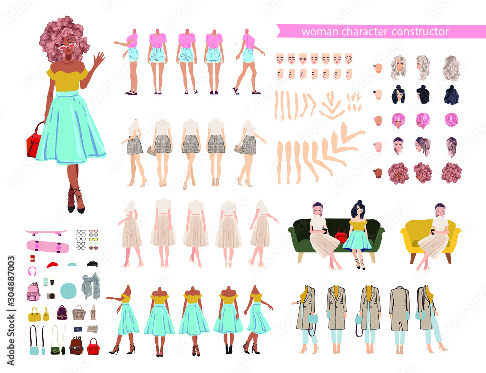 Animate woman character. Young lady personage constructor. Different ...