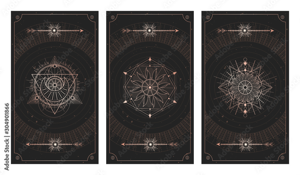 Vector set of three dark backgrounds with sacred symbols, grunge ...
