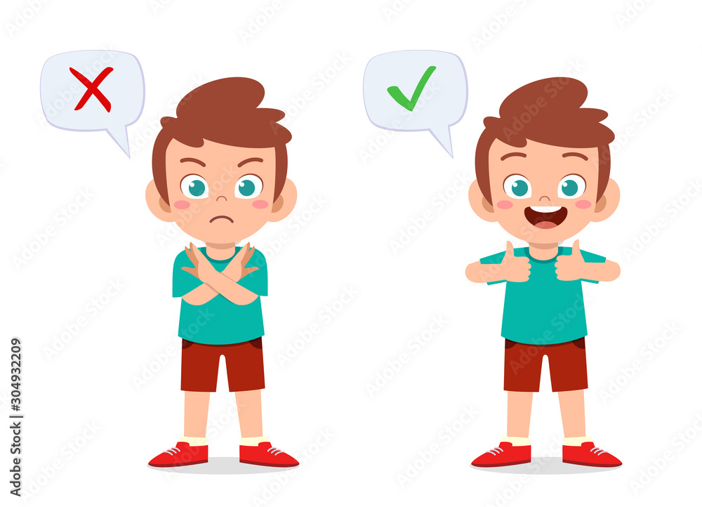 happy cute kid boy with correct and wrong sign Stock Vector | Adobe Stock