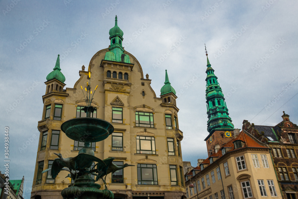 COPENHAGEN, DENMARK: fountain Stork on Amagertorv square at the city ...
