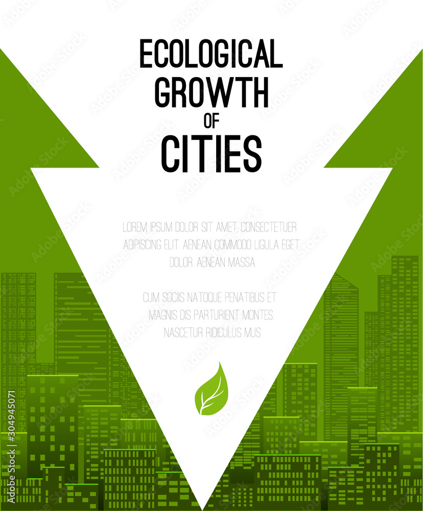 Eco growth of modern cities. Urbanization. Banner with green arrows ...