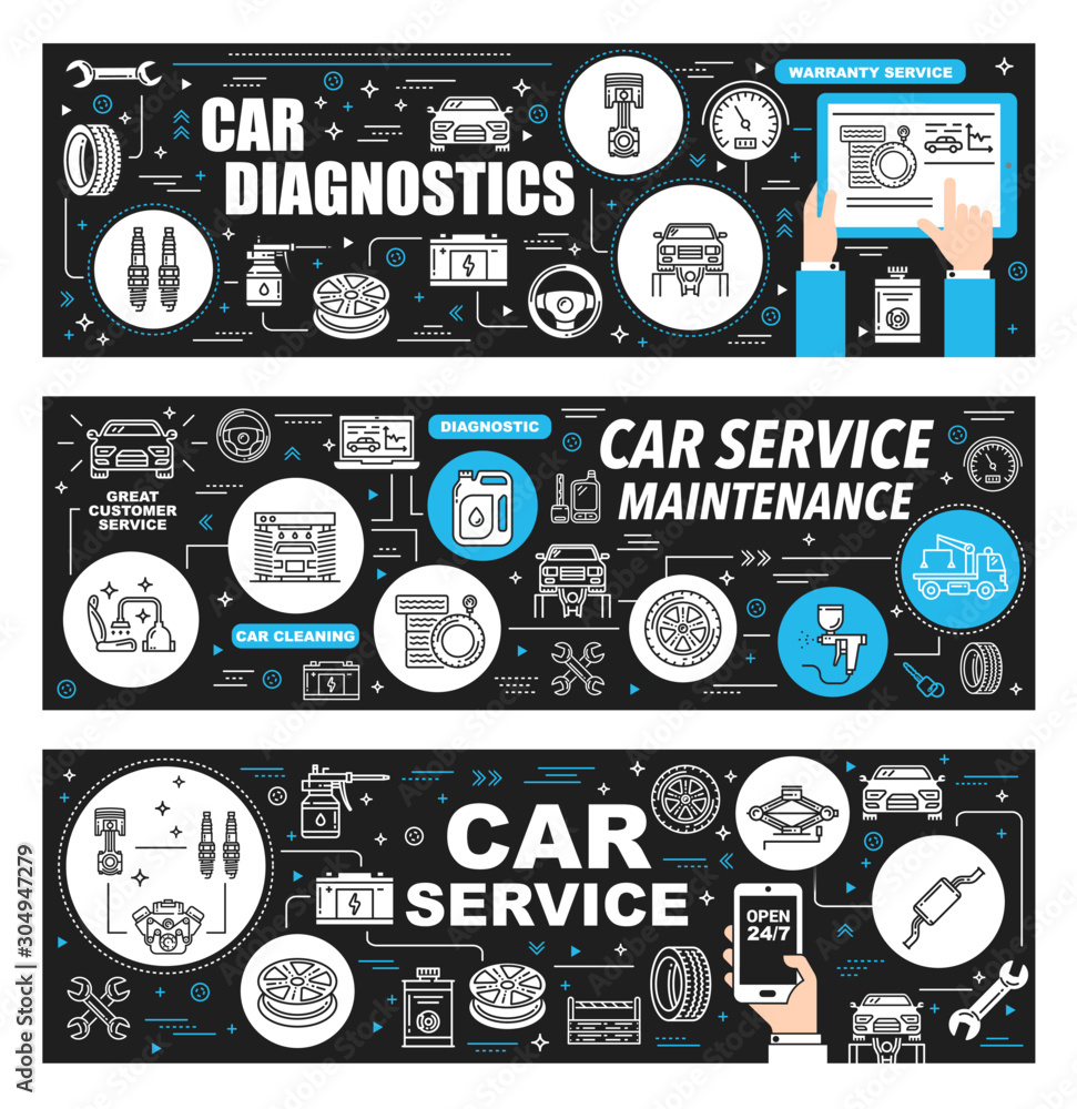 Car repair service, auto garage and mechanic maintenance thin line ...