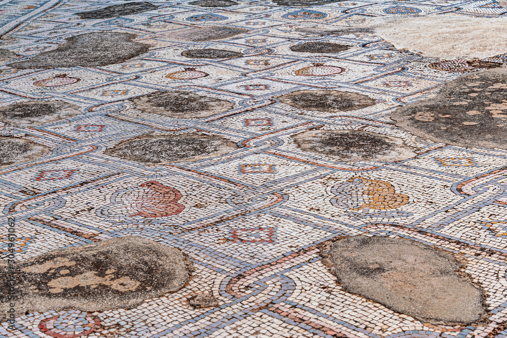 vintage background of floor mosaic in an ancient temple Kursi, Israel ...