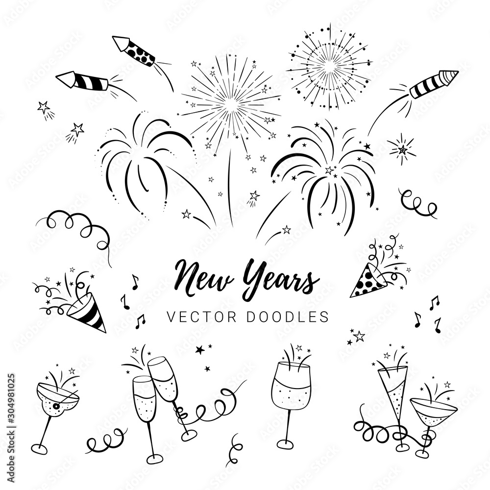 Fun hand drawn New Years Party doodles - firework, paper streamers ...