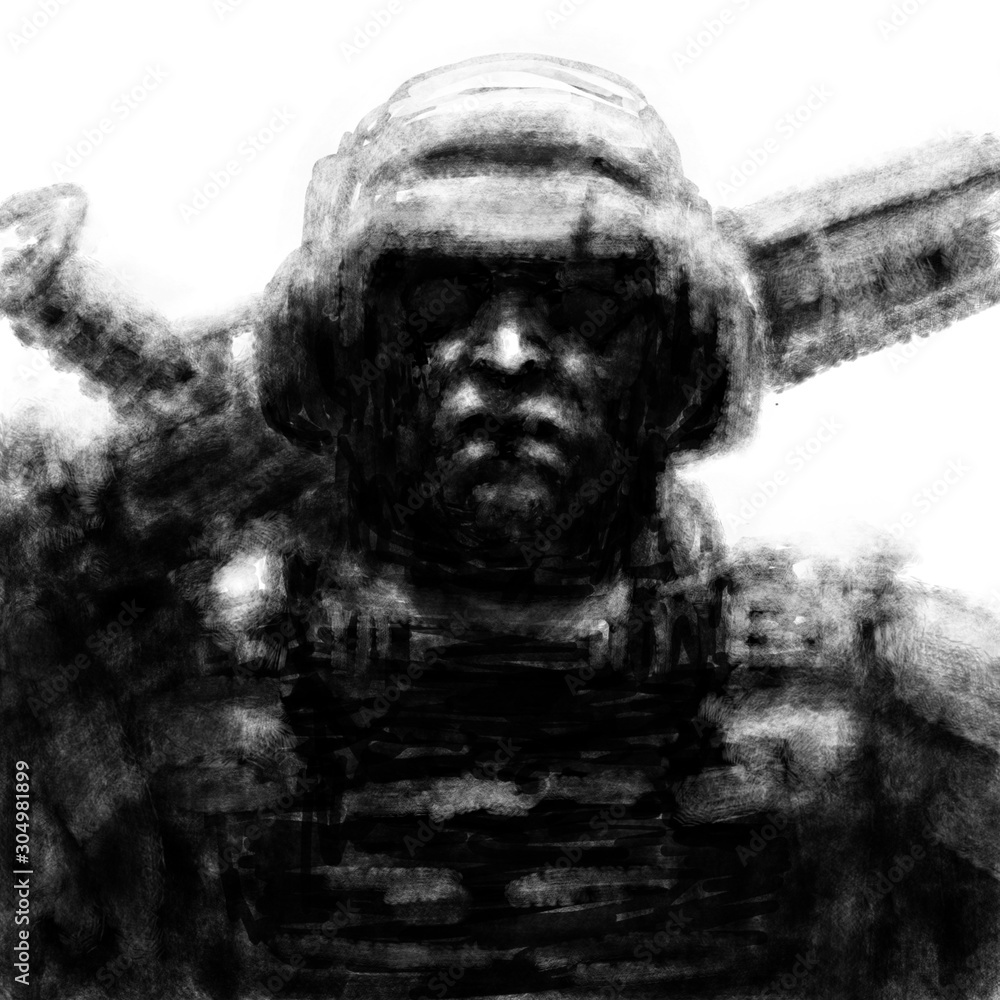 Dangerous soldier with a rifle on his shoulder. Illustration in the ...