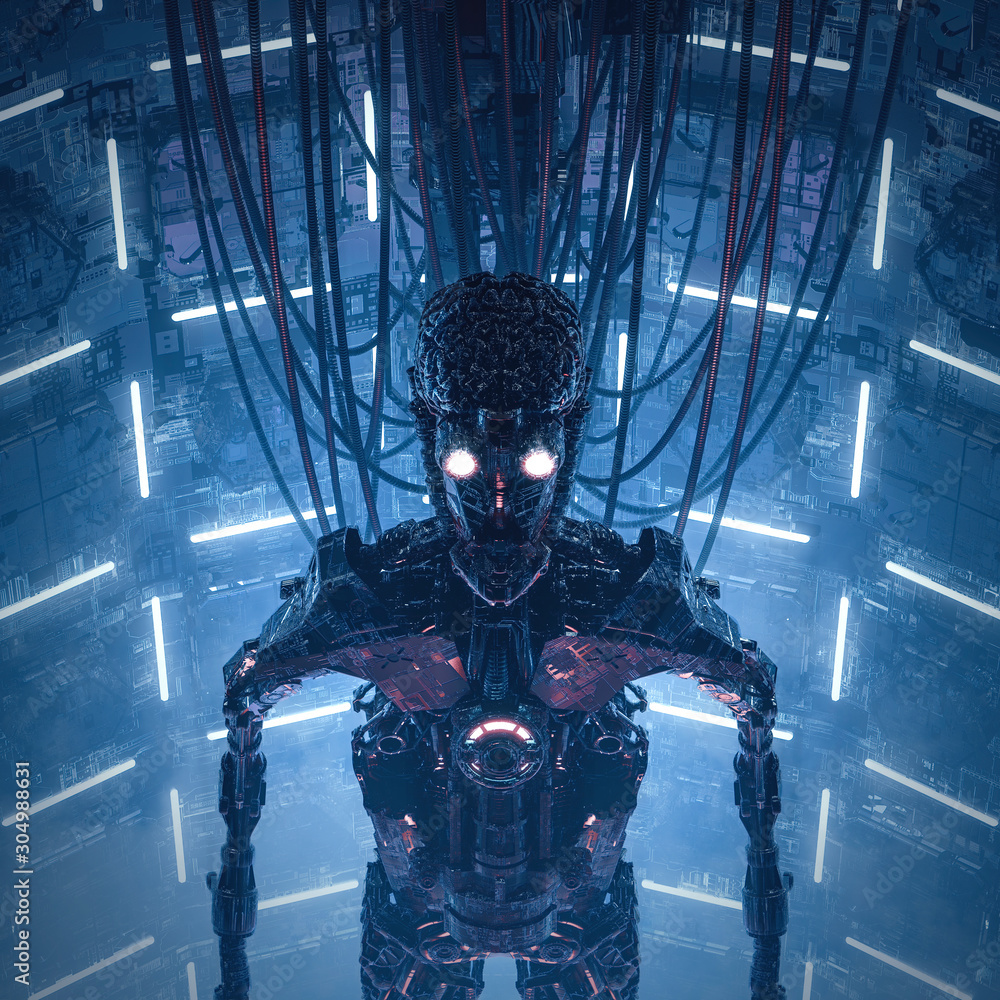 Dark steel visions / 3D illustration of robotic metallic science ...