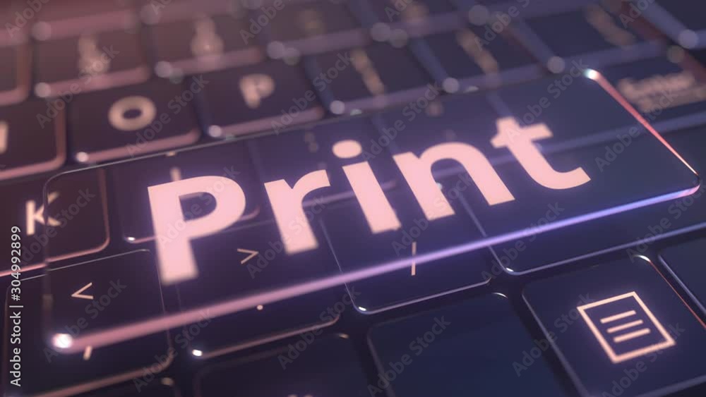 Futuristic computer keyboard and transparent print key. Conceptual 3D ...