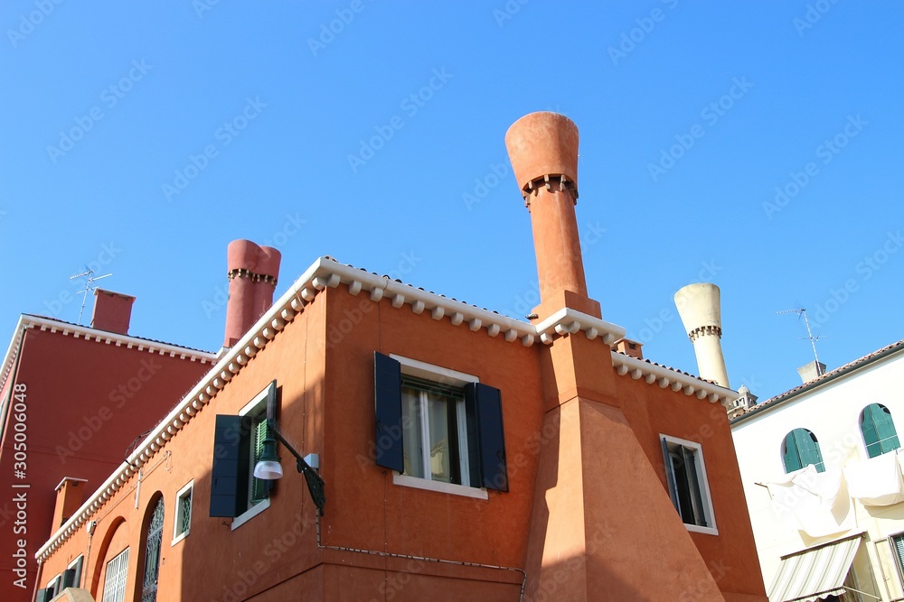 Historic residential buildings with typical chimney as part of the ...