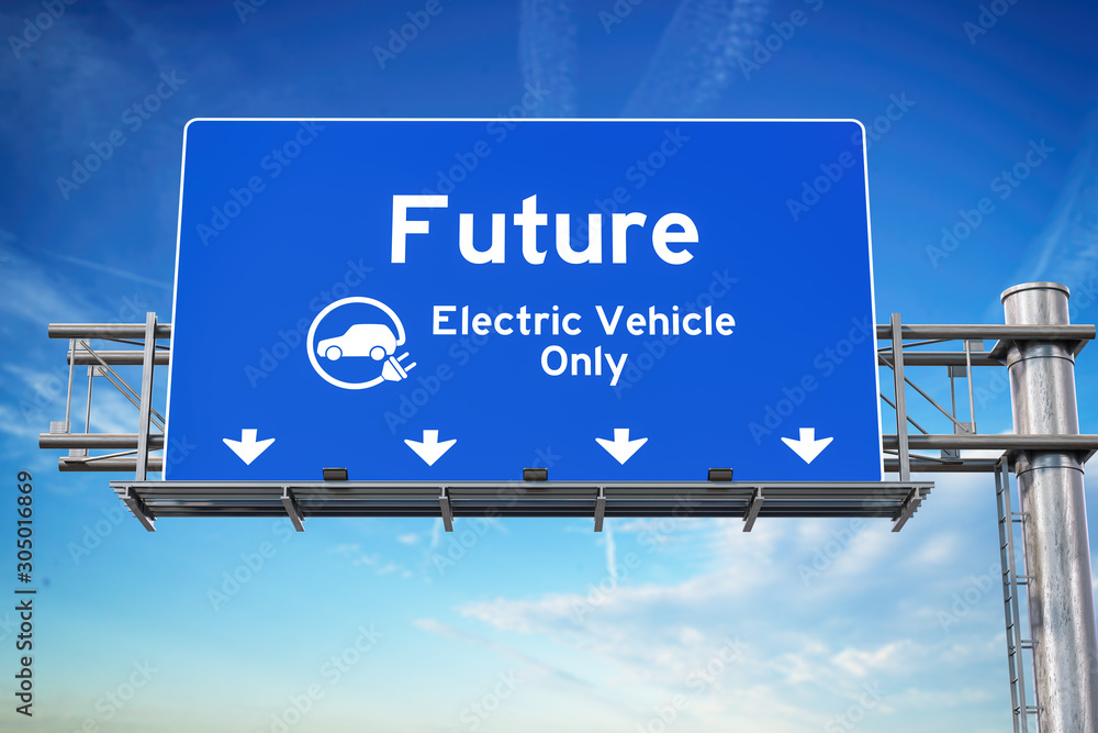 Our future with wlectric vehicle only green traffic road sign with ...