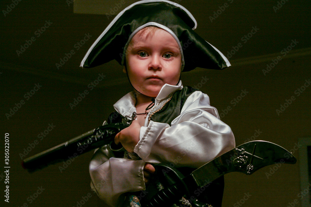 2010.11.28, Maloyaroslavets, Russia. A little boy wearing a pirate ...