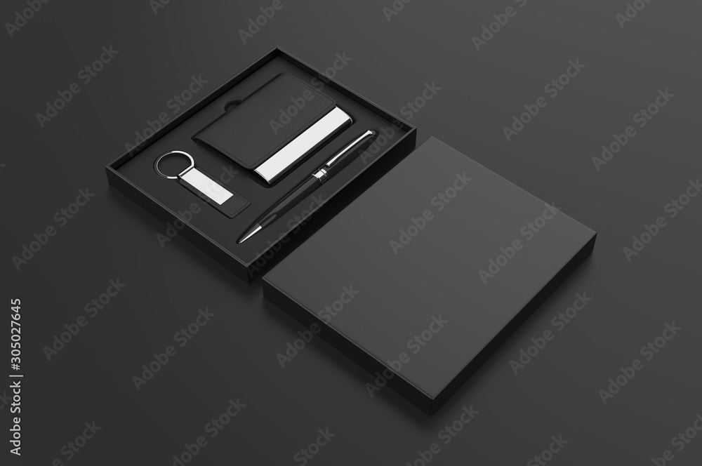 Visiting card holder, key chain and pen gift set box, 3d render ...