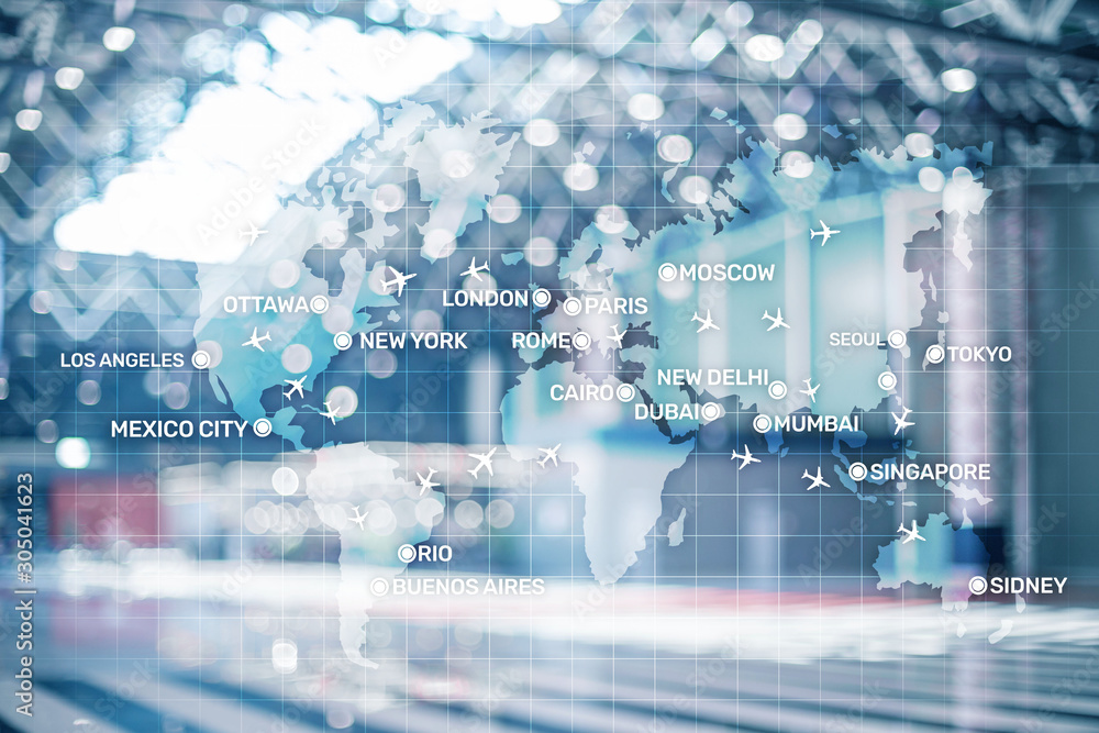 Aviation wallpaper with planes over the map with major city names ...