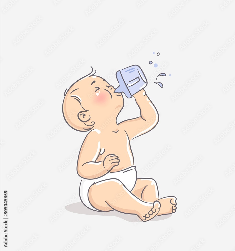 Cute baby boy sitting on floor and drinking water from cup. Cartoon ...