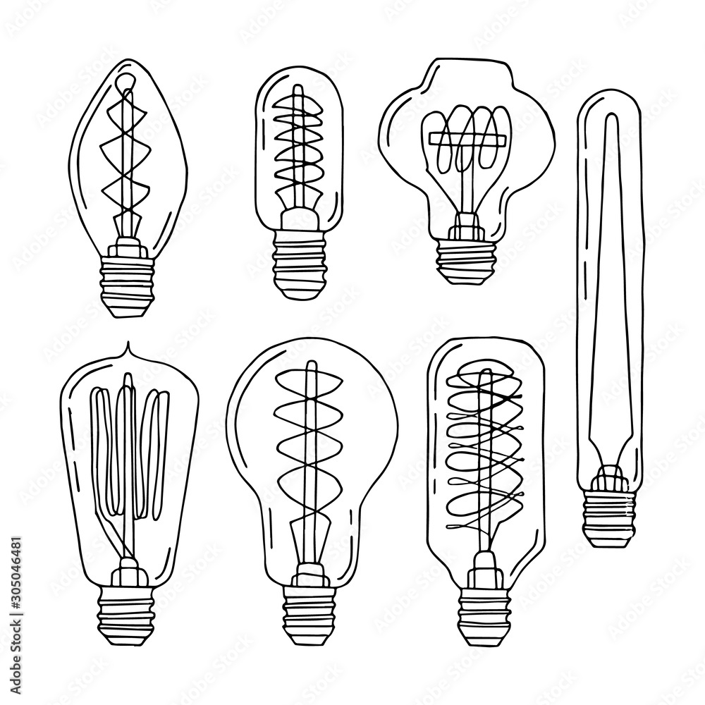 Edison lamps. Set of hand drawn elements. Stock vector illustration ...