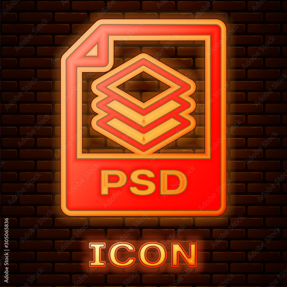 Glowing neon PSD file document. Download psd button icon isolated on ...