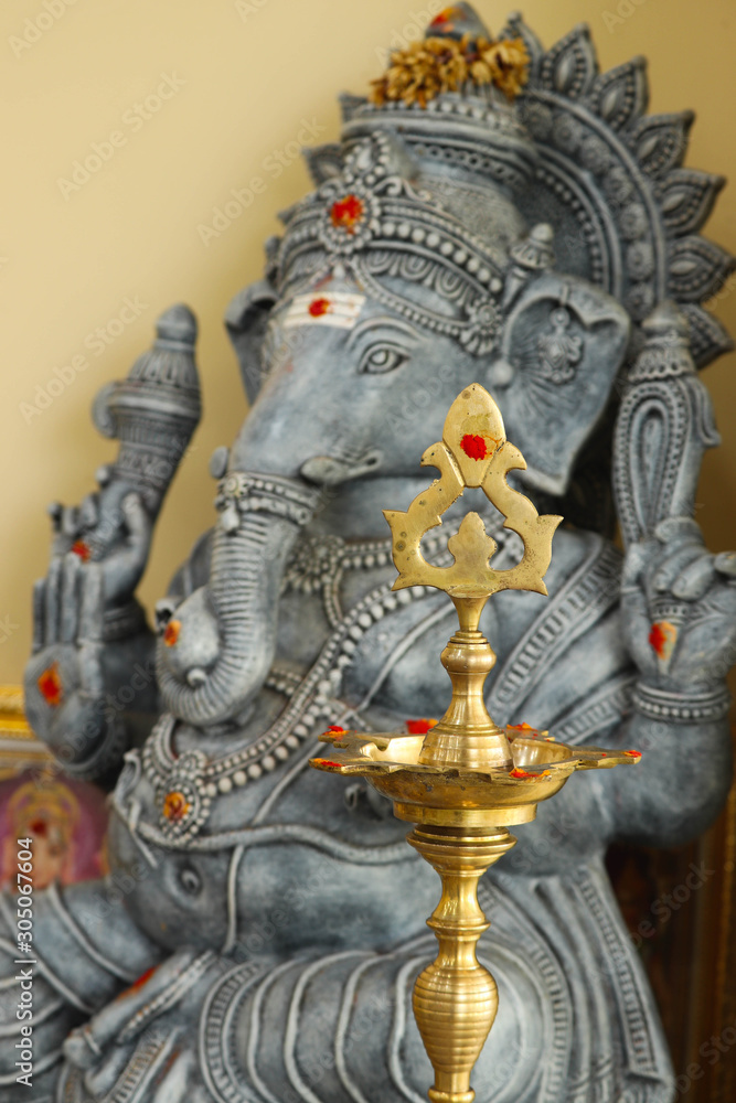 Indian Common Brass Diya Lamp with Rock Or Stone Statue Of Lord Ganesha ...