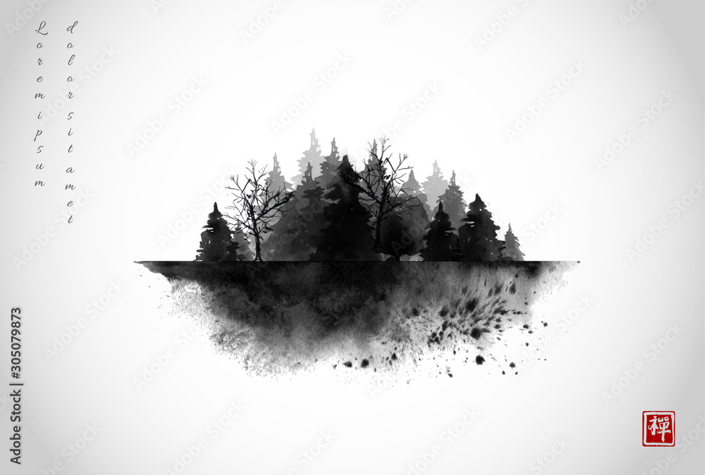 Black ink wash painting composition with misty forest trees on white ...
