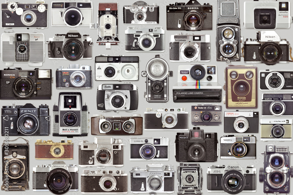 Flat lay picture of old vintage photo cameras collection, retro analog ...