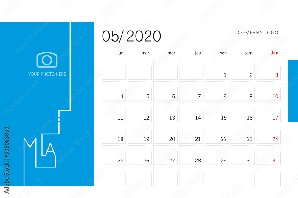 Calendar planner template for 2020 year French language May with modern ...