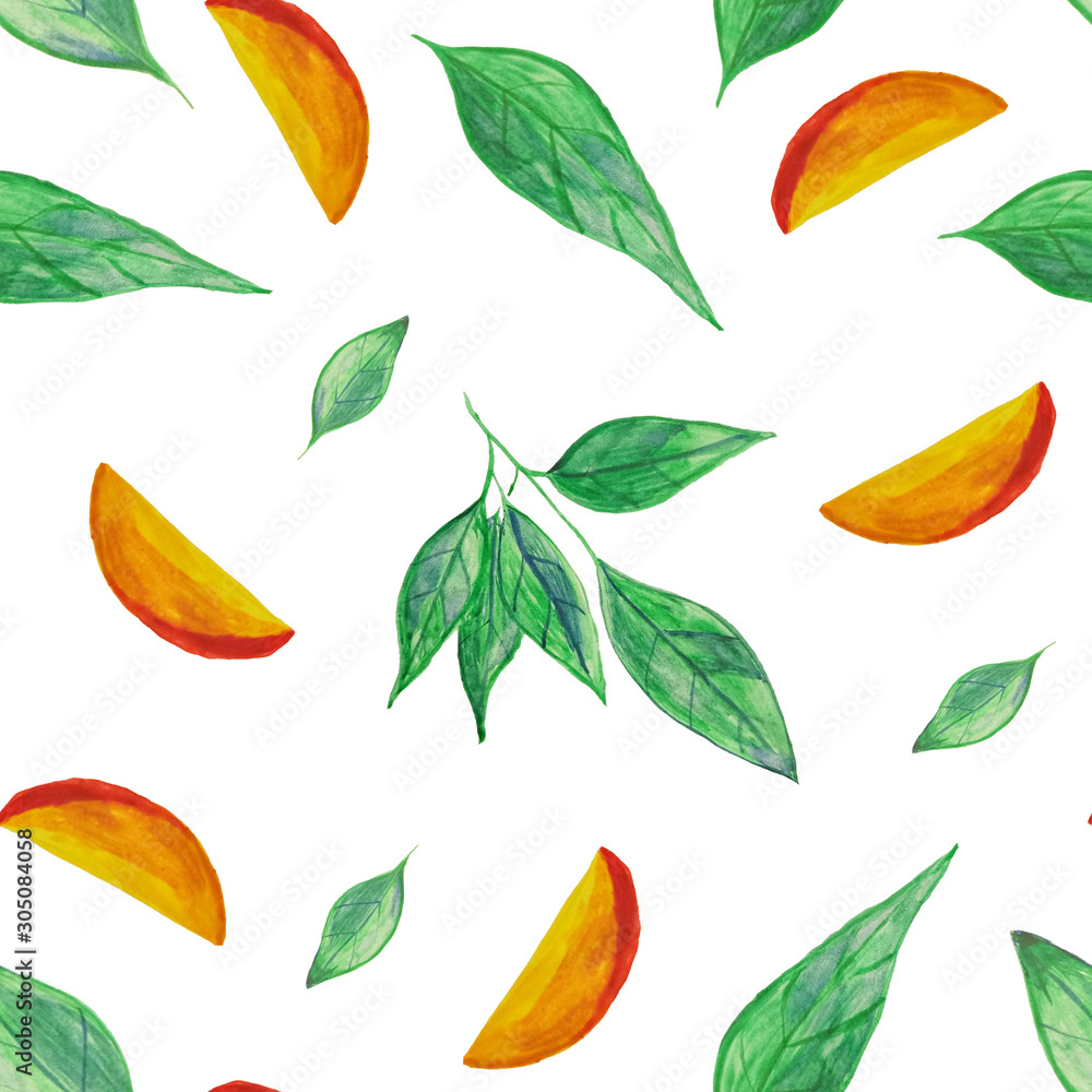 Mango fruit and leaves tropic seamless pattern for textile, wallpaper ...