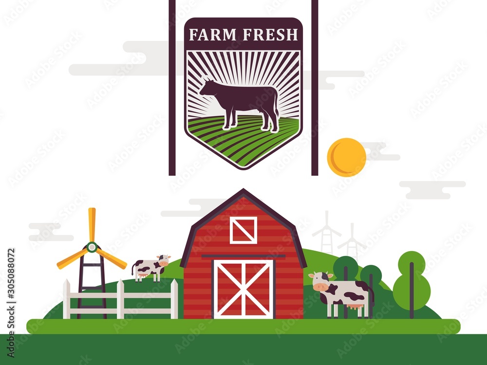 Farm product label, vector illustration. Flat style landscape with ...