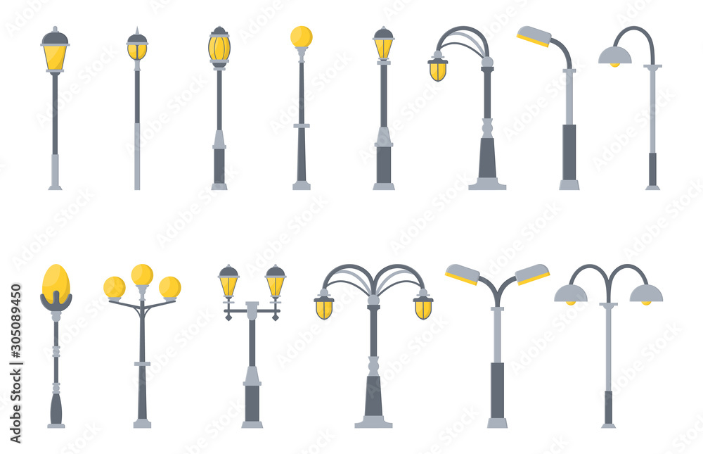Set of street lights cartoon isolated on white background. Modern and ...
