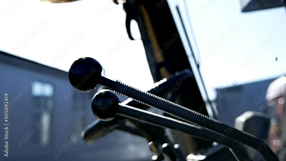 Tractor driving inside view. Tractor cabin. Steering wheel hands.Driver ...