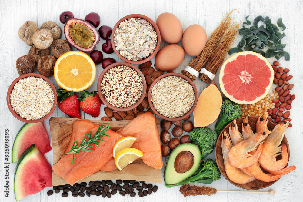 High energy health food for vitality & fitness with fish, fruit ...