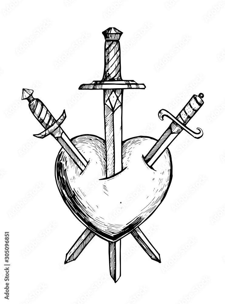 Three swords stuck in the heart. Tarot symbol. Hand drawn sketch ...