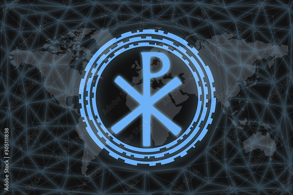 Symbol Labarum with modern design. With a dark background and a world ...