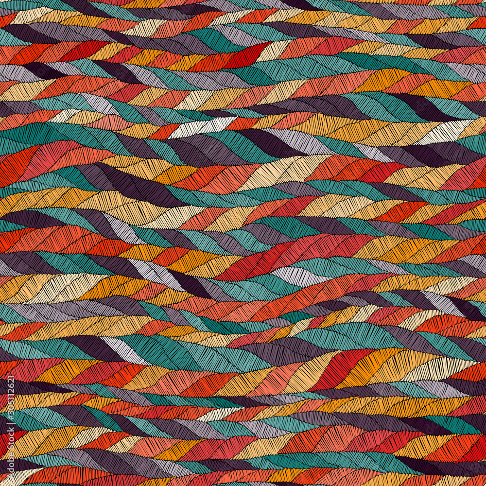 Seamless embroidered pattern. Wavy bohemian print. Patchwork ornament ...